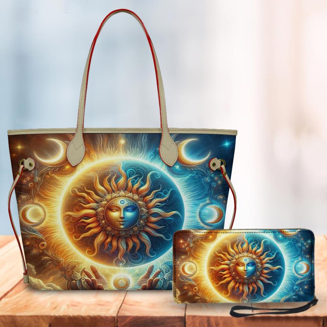 Sun Moon Celestial Boho Tote Bag, Cosmic Art Handbag, Mystical Solar ...