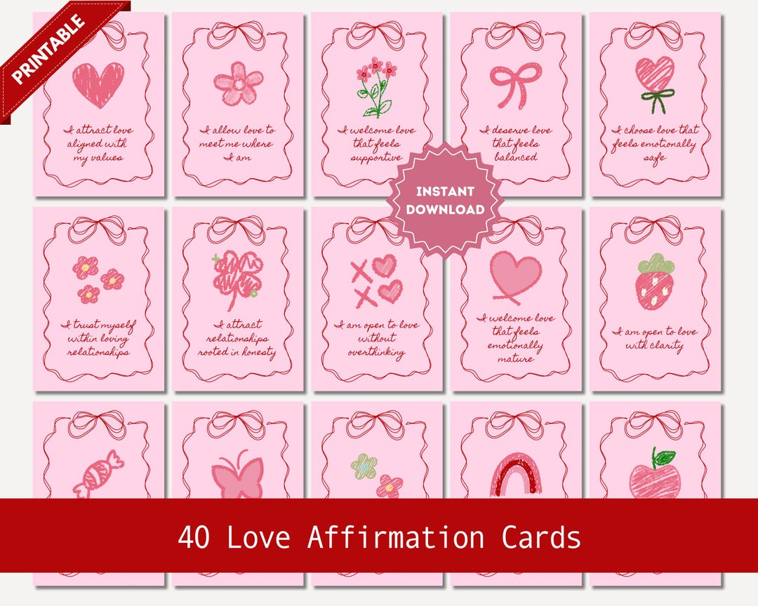 Valentine Affirmation Cards Digital Set – 40 Positive Love Mindset ...