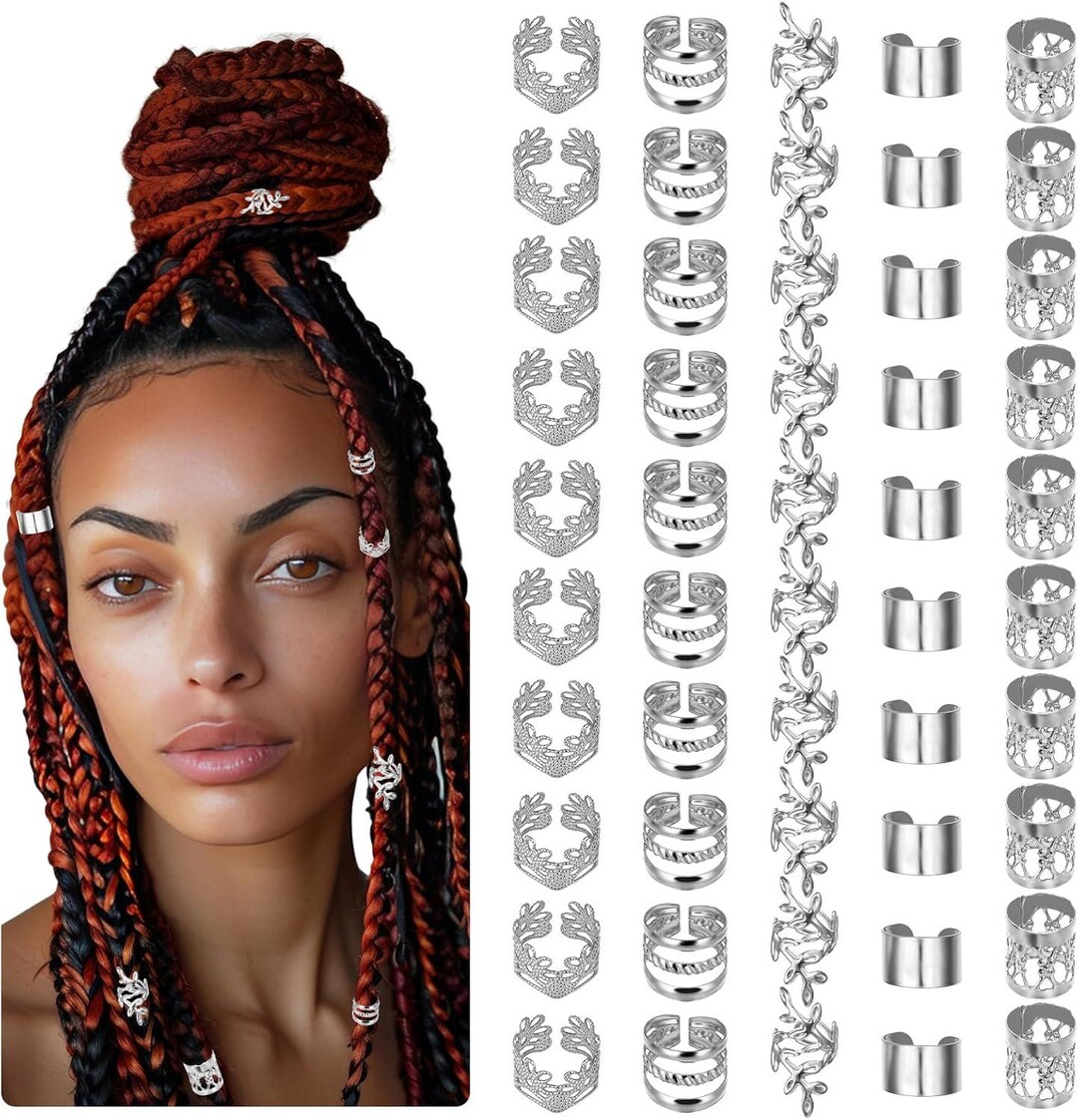 50 PCS Silver Dreadlock Beads Hair Accessories Adjustable Metal Cuffs ...
