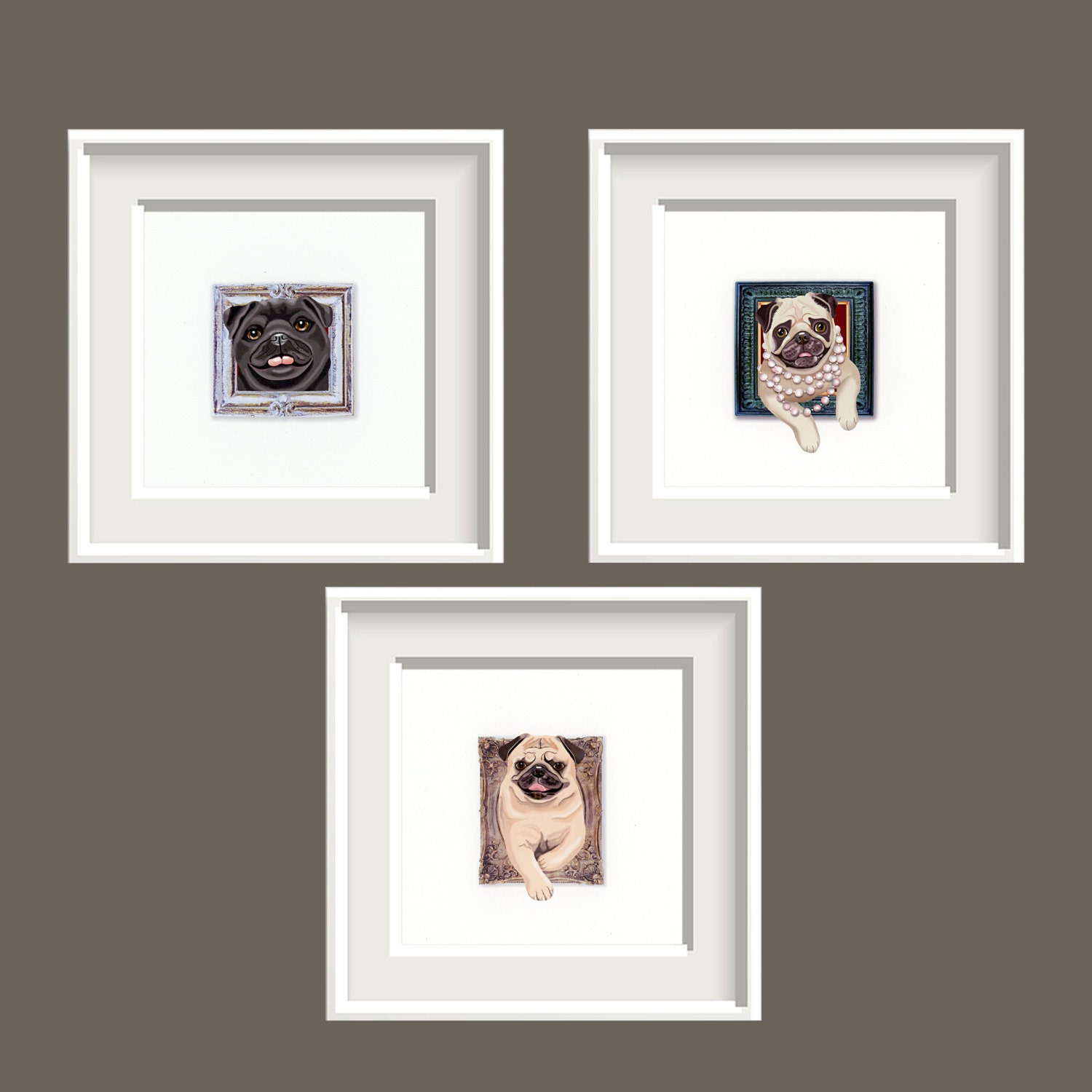 Pug Tiny Art Print Tan Dog Art Print Tiny Fawn Pug With Pearls in a ...