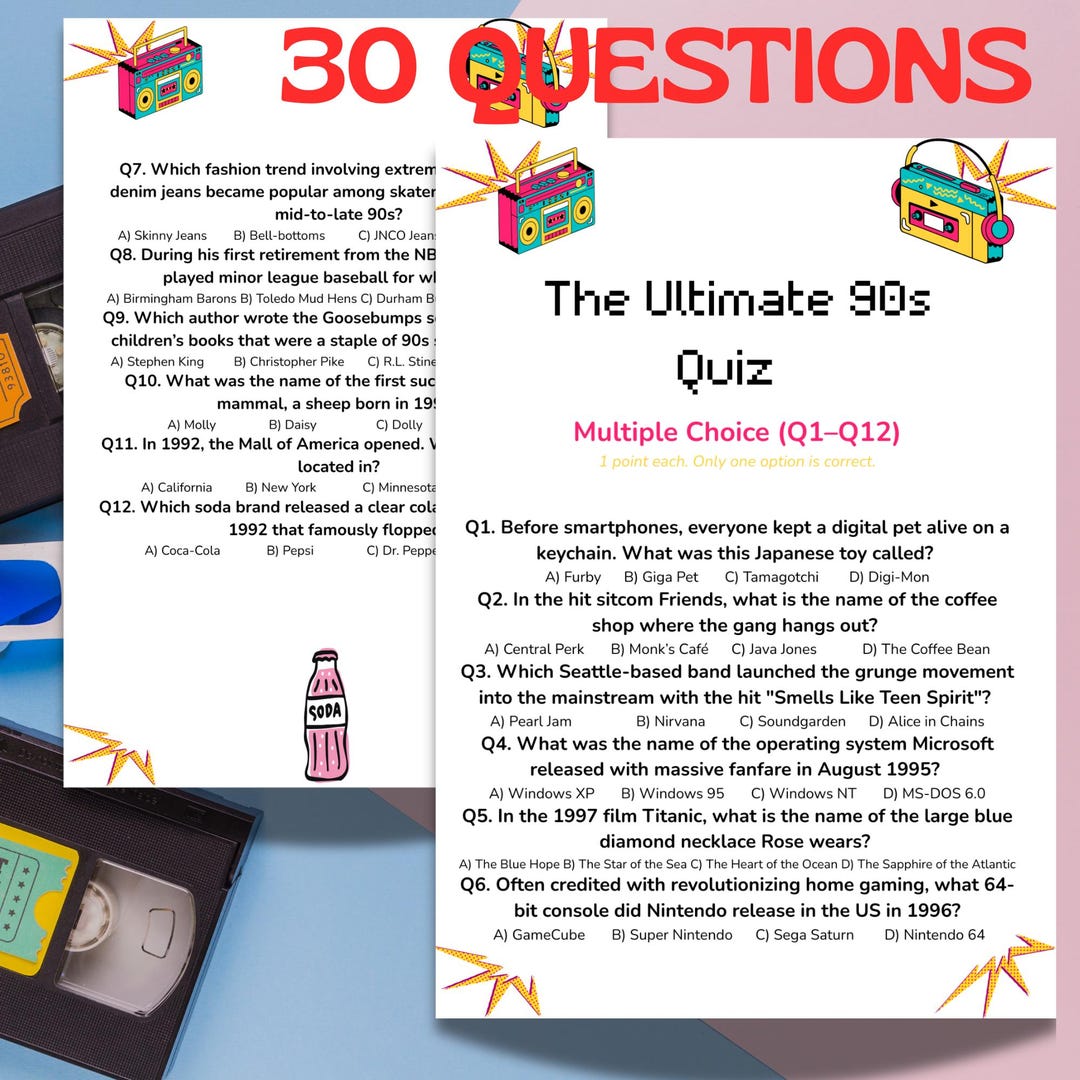 The Ultimate 90s Trivia Quiz: Fun Printable Game for Parties, Family ...
