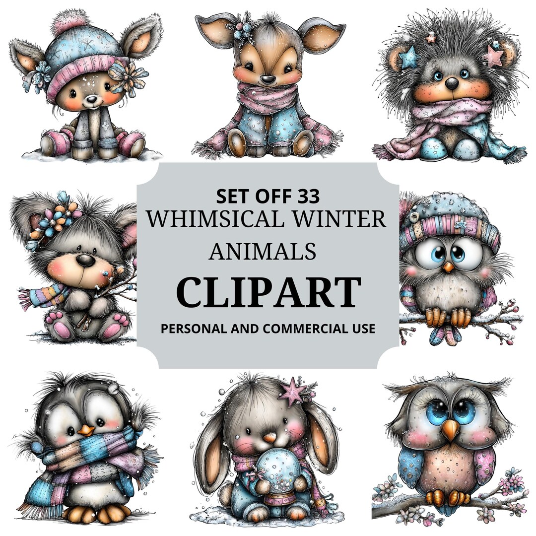 Whimsical Winter Animal Clipart Set Cute Forest Animal Pngs for Winter ...