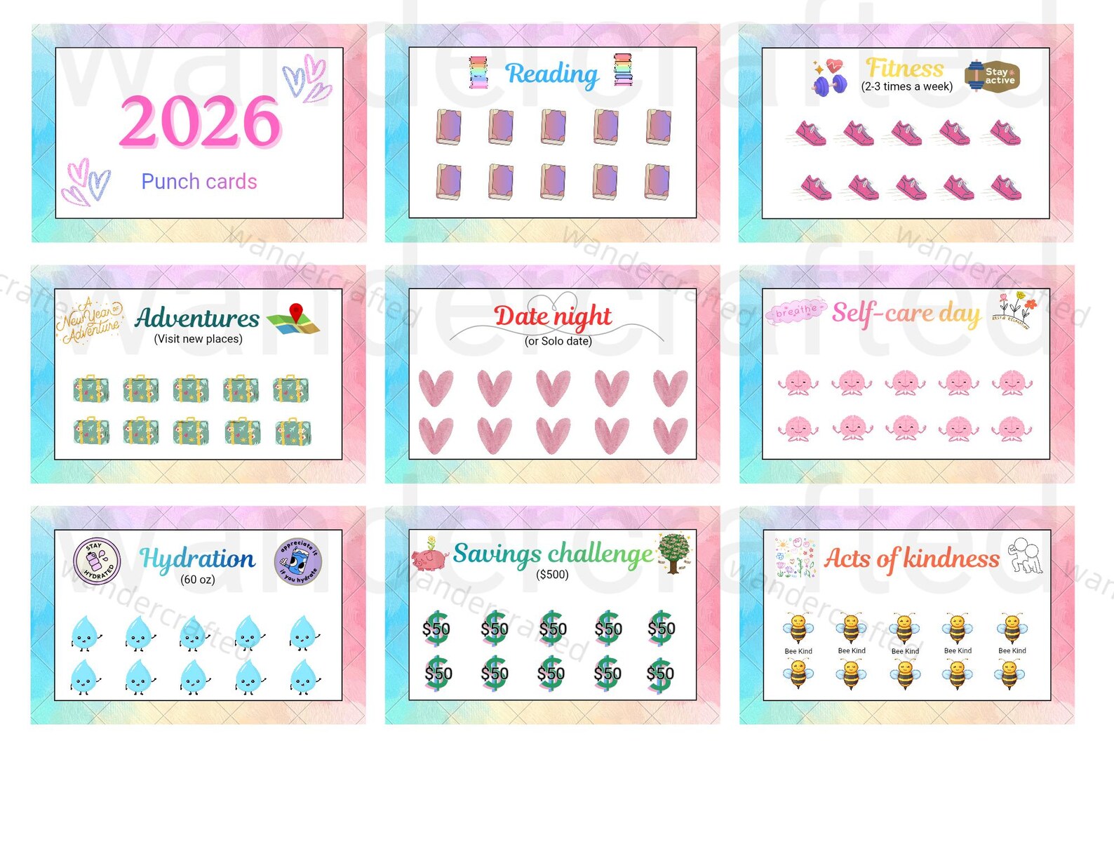 2026 Punch Cards Bundle | Habit Tracker Cards | Self Care, Fitness,date ...