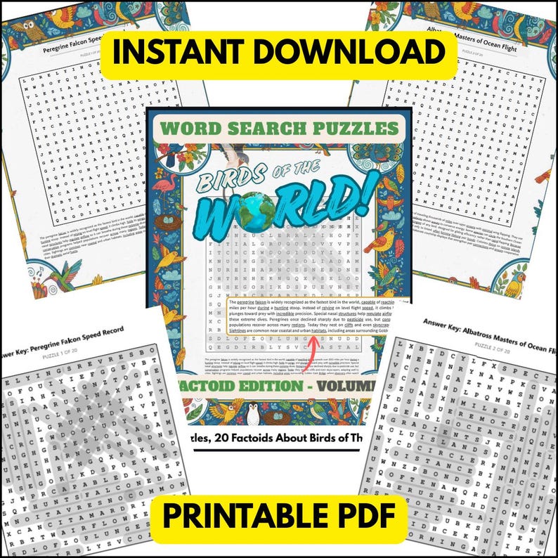 Bird Word Search Printable PDF – 20 Bird Word Find Puzzle Book With ...