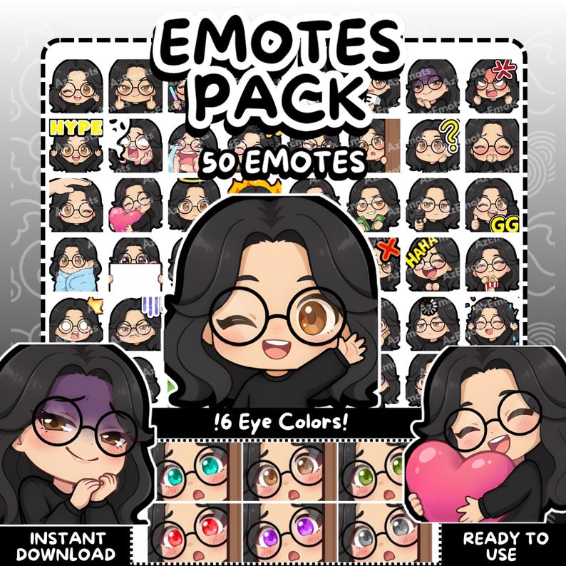 Twitch Emotes | 50 Chibi Girl Glasses Twitch Emotes Pack | Black Hair ...