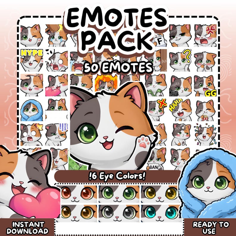 Twitch Emotes | 50 Calico Cat Emotes Twitch Pack | Mega Bundle Cute ...