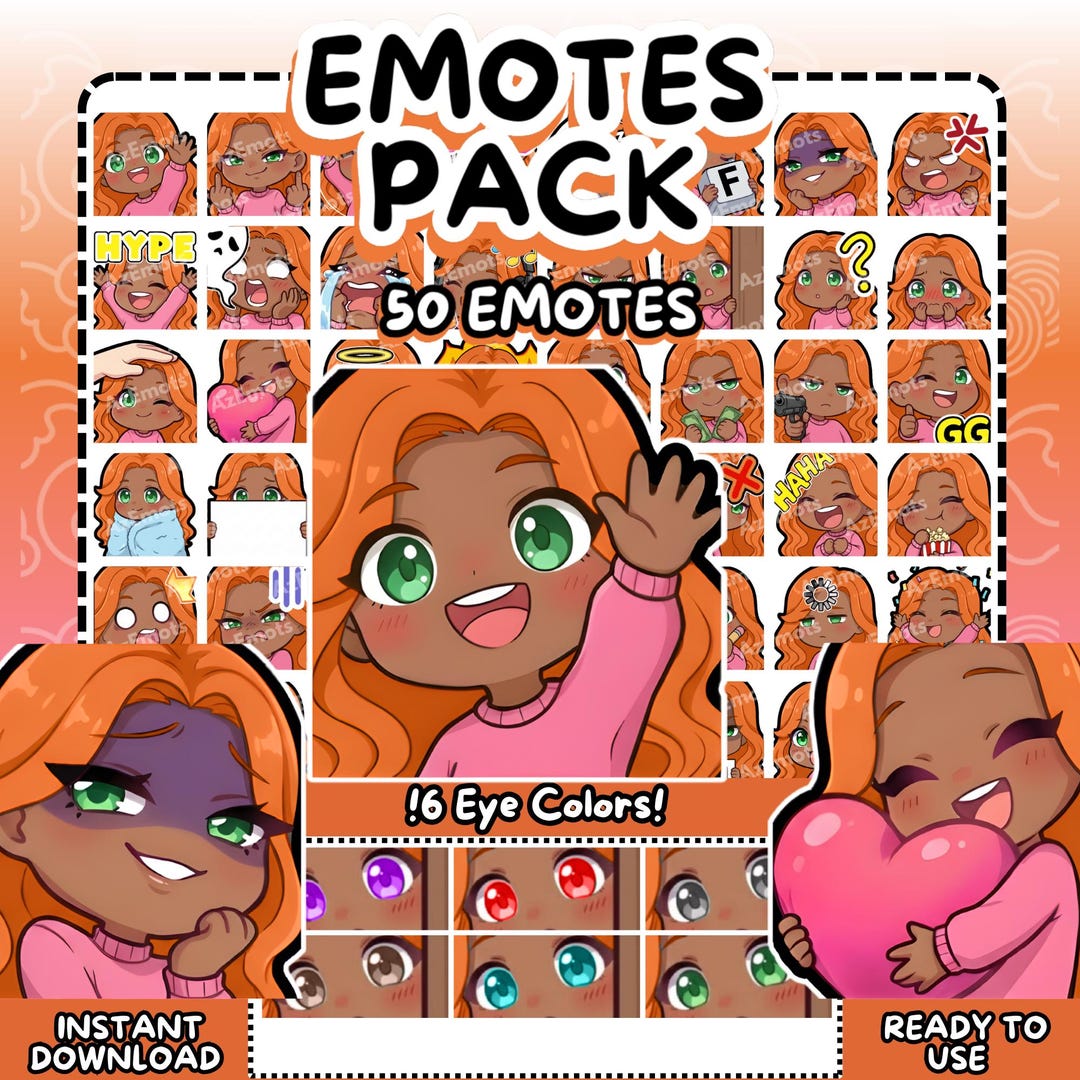 Twitch Emotes | 50 Dark Skin Chibi Girl | Pink Hoodie | Red Hair | Red ...