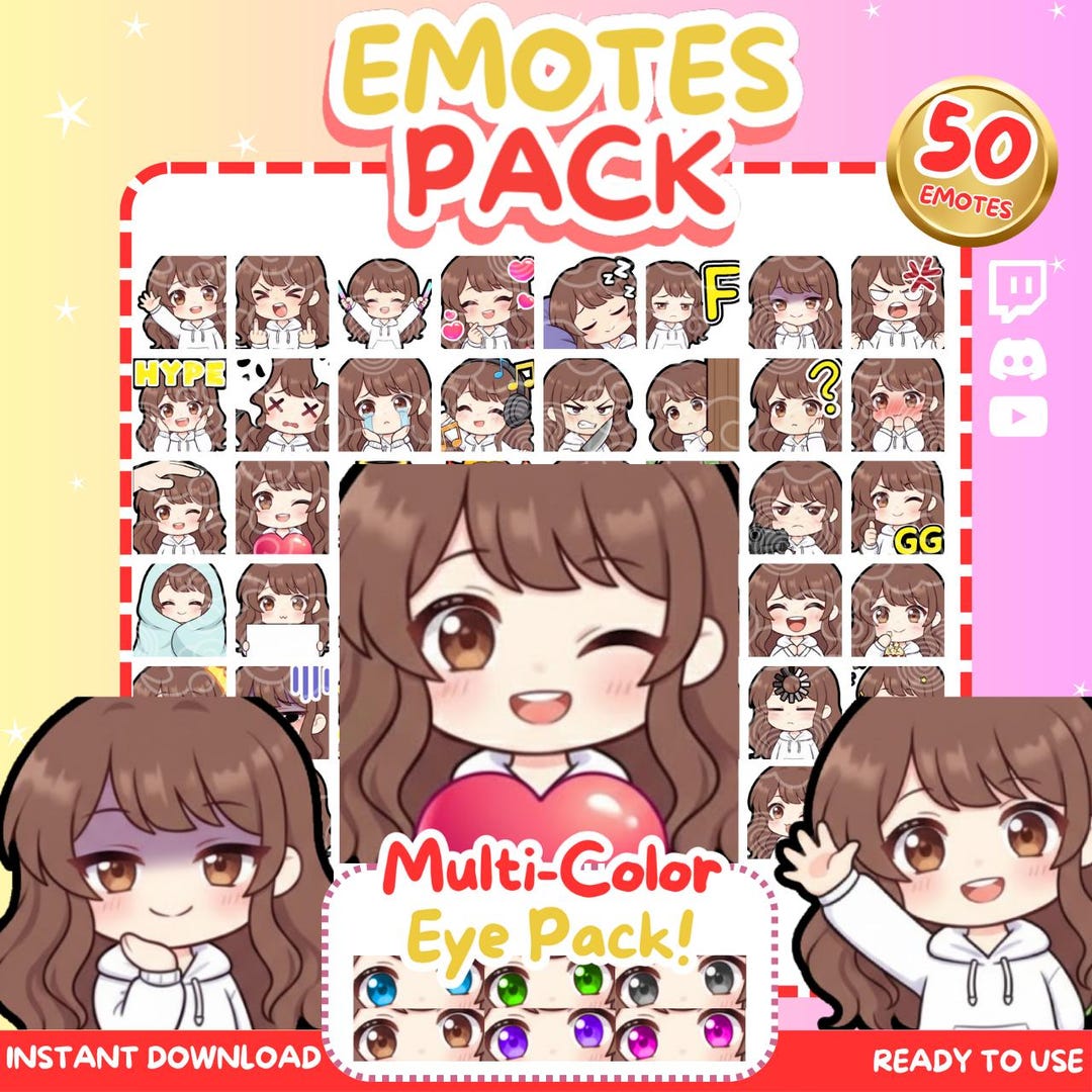Twitch Emotes | Chibi Girl Emote Pack: Brown Hair, 6 Eye Colors ...