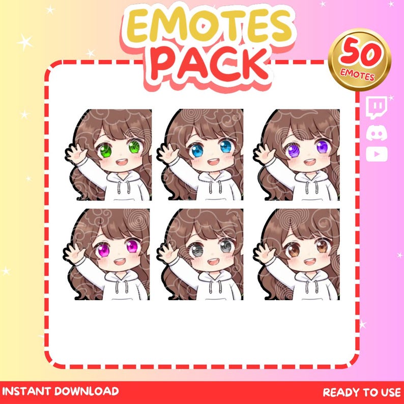 Twitch Emotes | Chibi Girl Emote Pack: Brown Hair, 6 Eye Colors ...