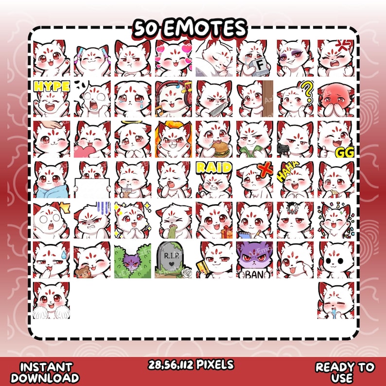 Twitch Emotes | 50 Kawaii Red Kitsune Pack | Red Fox Emotes | Chibi Fox ...