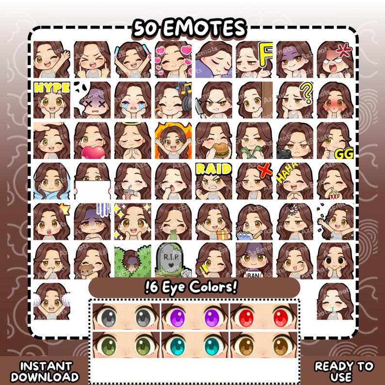 Twitch Emotes | 50 Brunette Chibi Girl Emotes Pack | Twitch Discord ...