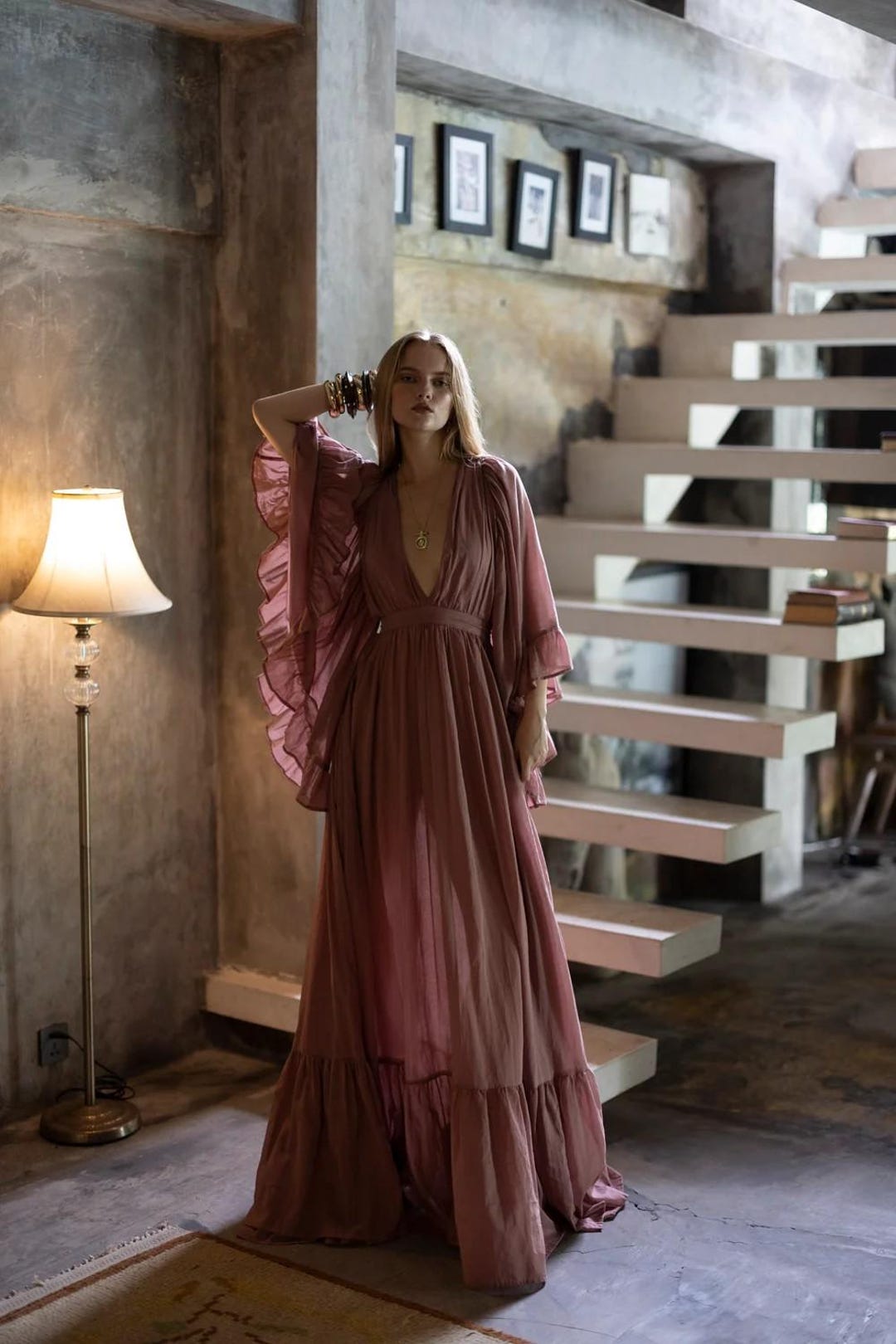 Boho Ruffle Sleeve Maxi Dress, Deep V Neck Vintage Rose Gown, Flowing ...