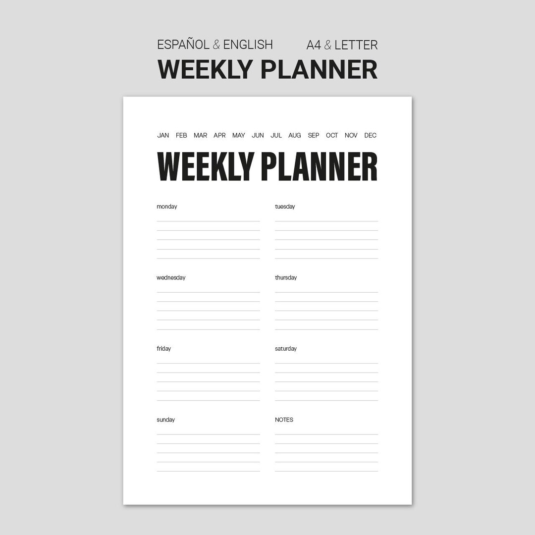 Weekly Planner Printable | English & Spanish | A4 and US Letter ...