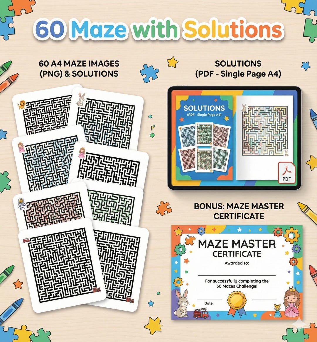 60 Maze Puzzles With Solutions | Printable Maze Book for Kids | A4 PDF ...