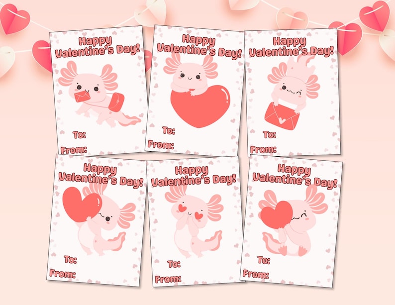 Printable Axolotl Valentine's Day Cards for Kids, Fun Classroom Cards ...