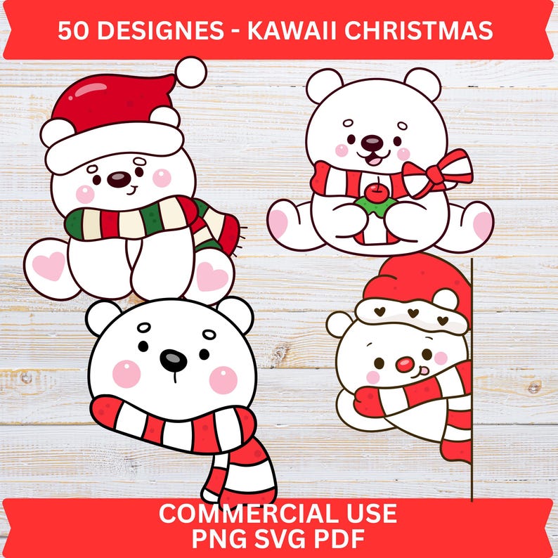 50 Kawaii Christmas Characters PNG SVG PDF | Cute Holiday Clipart ...