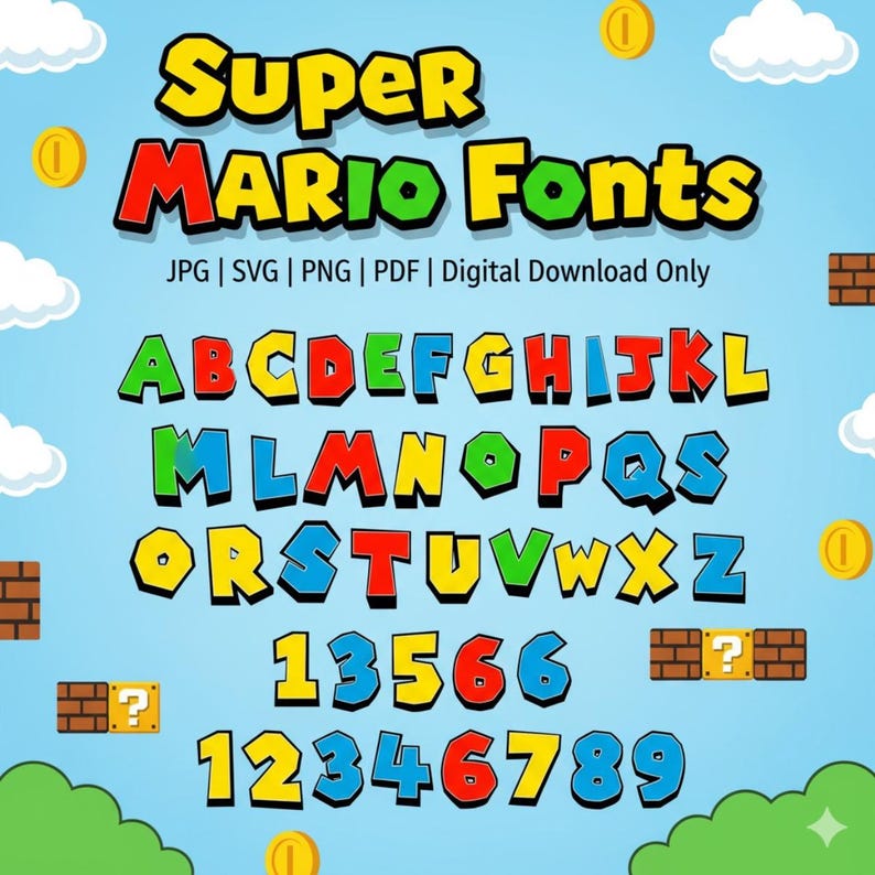 Super Mario Alphabet & Numbers, Kids Font, PDF SVG PNG, Commercial Use ...