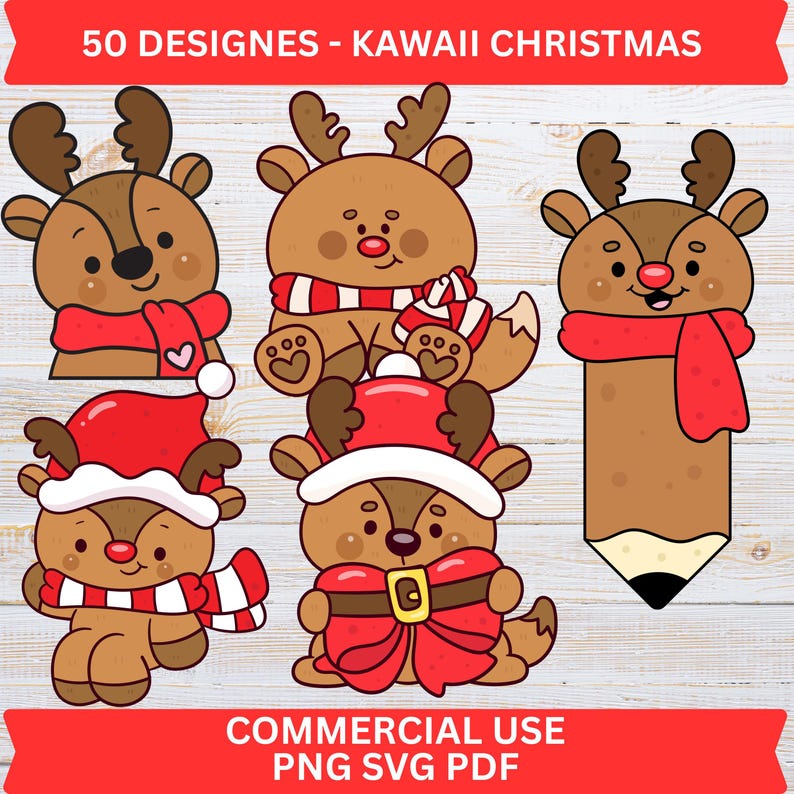 50 Kawaii Christmas Characters PNG SVG PDF | Cute Holiday Clipart ...