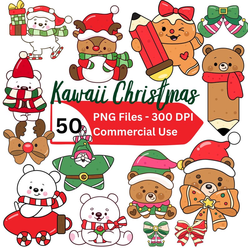 50 Kawaii Christmas Characters PNG SVG PDF | Cute Holiday Clipart ...