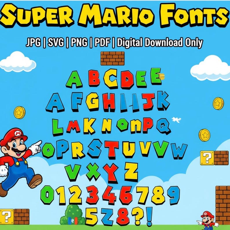 Super Mario Alphabet & Numbers, Kids Font, PDF SVG PNG, Commercial Use ...