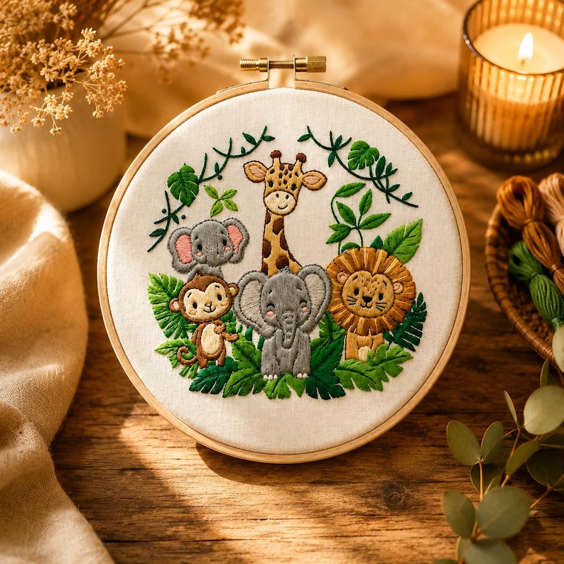 Safari Animals Embroidery Kit, Nursery Decor, Beginner Friendly ...