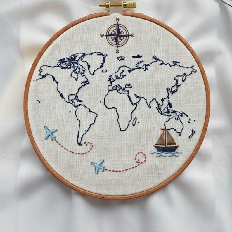 World Map Embroidery Kit – Modern Line Art DIY Stitch Pattern - Etsy