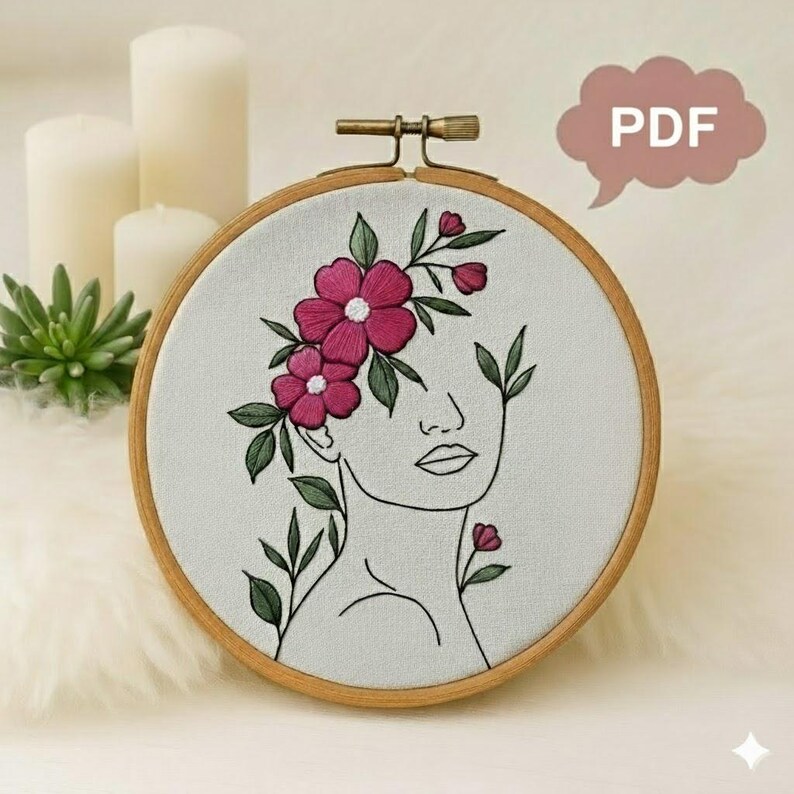 Beginner Embroidery Pattern – Floral Woman Line Art (PDF) - Etsy