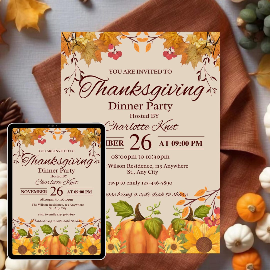 Editable Thanksgiving Dinner Invitation, Pumpkins, Autumn Leaves (canva ...