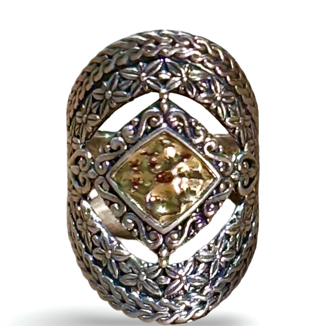 Indonesian Sterling Silver Floral Ring | 18K Gold Accent, Size 6 - Etsy