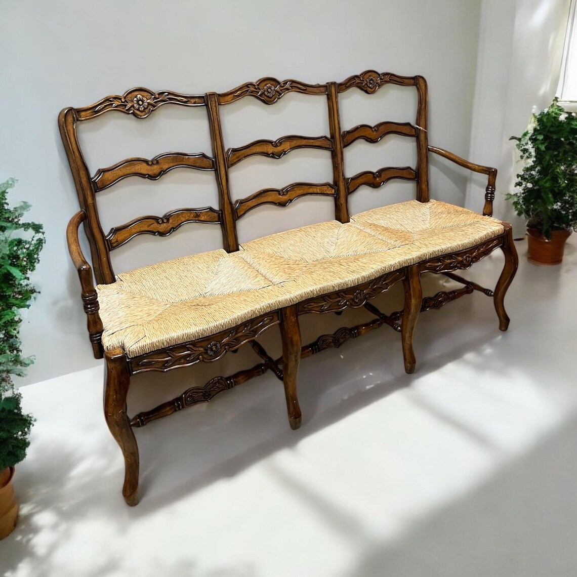 French County Bench, 3 Woven Rush Seats. Vintage Antique French ...