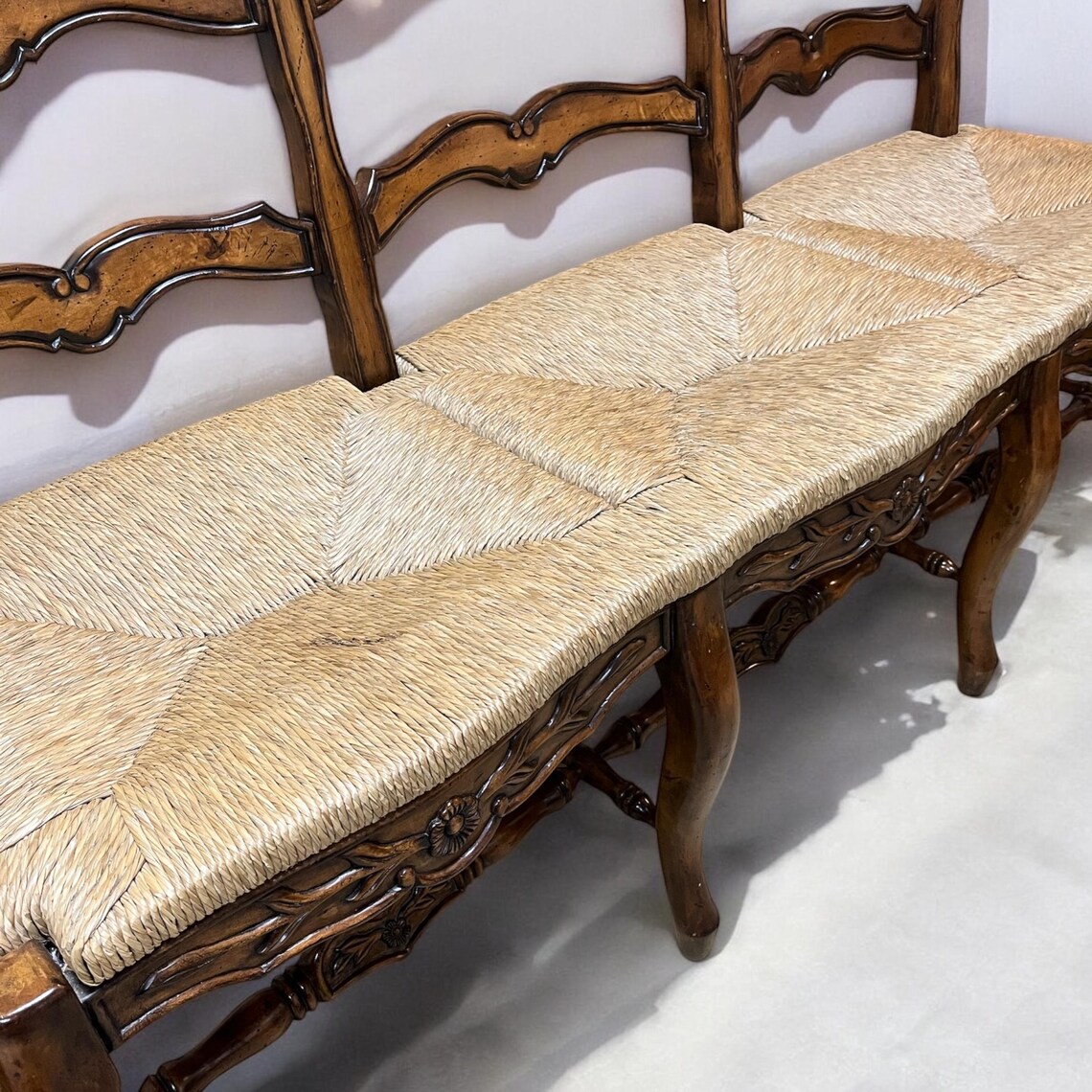French County Bench, 3 Woven Rush Seats. Vintage Antique French ...
