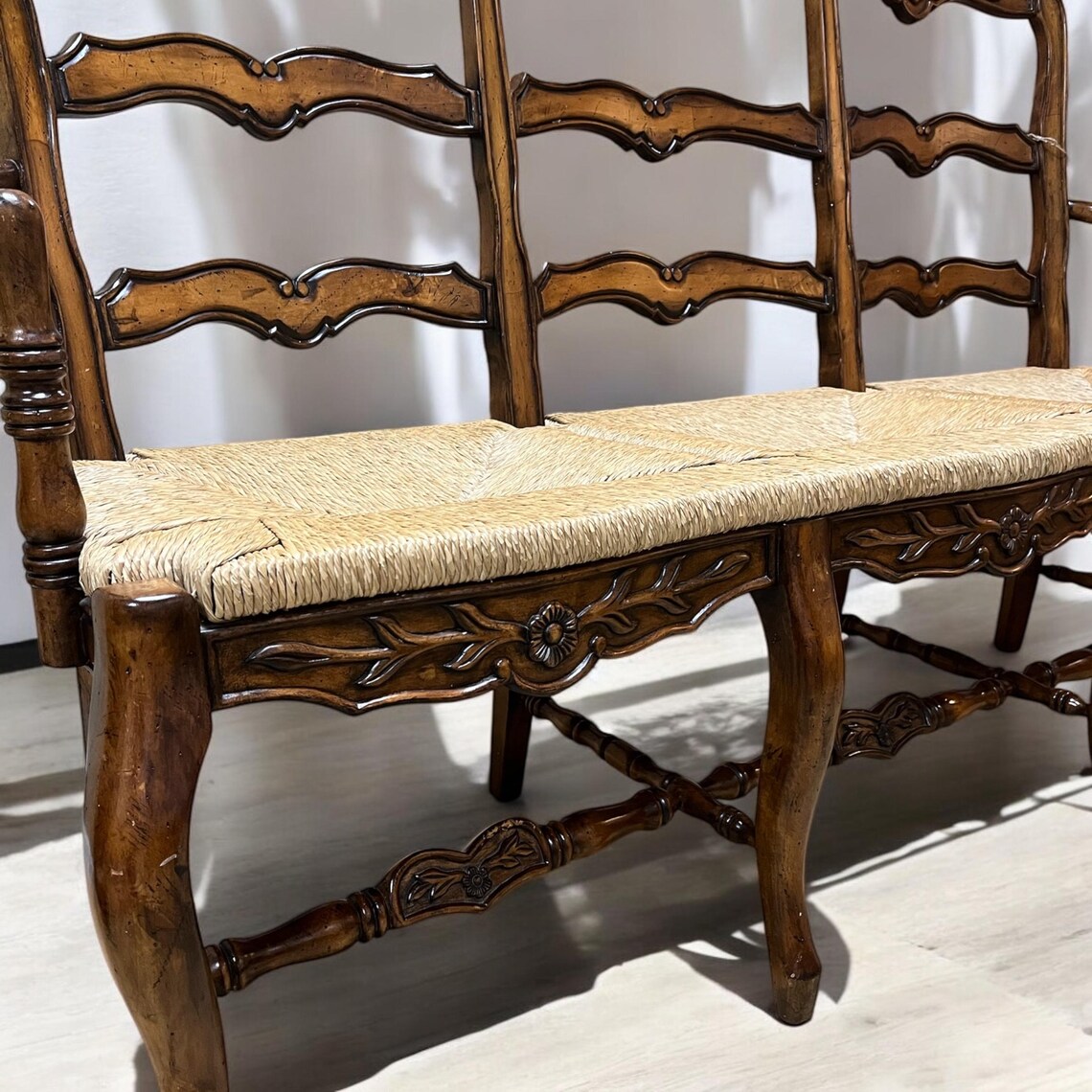 French County Bench, 3 Woven Rush Seats. Vintage Antique French ...