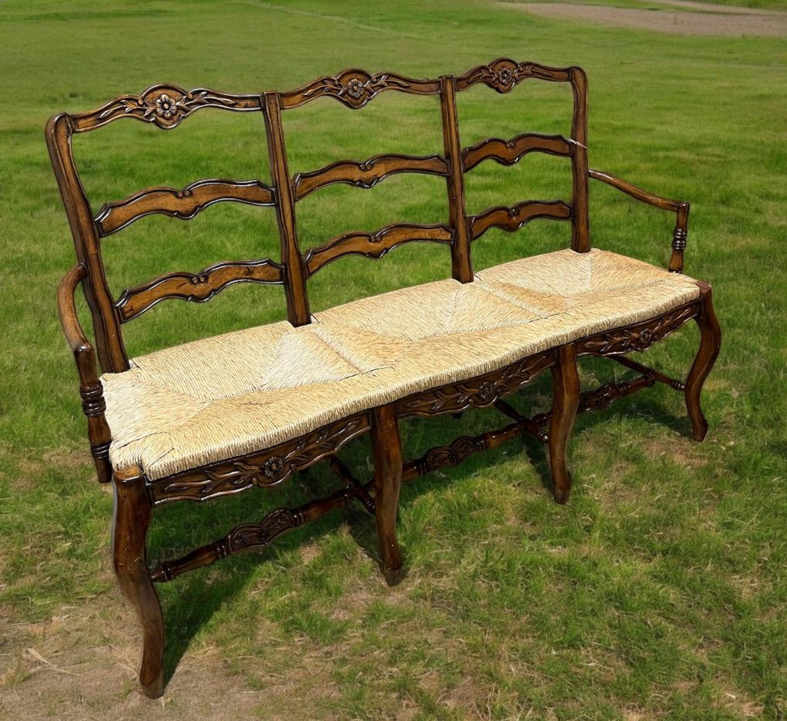 French County Bench, 3 Woven Rush Seats. Vintage Antique French ...