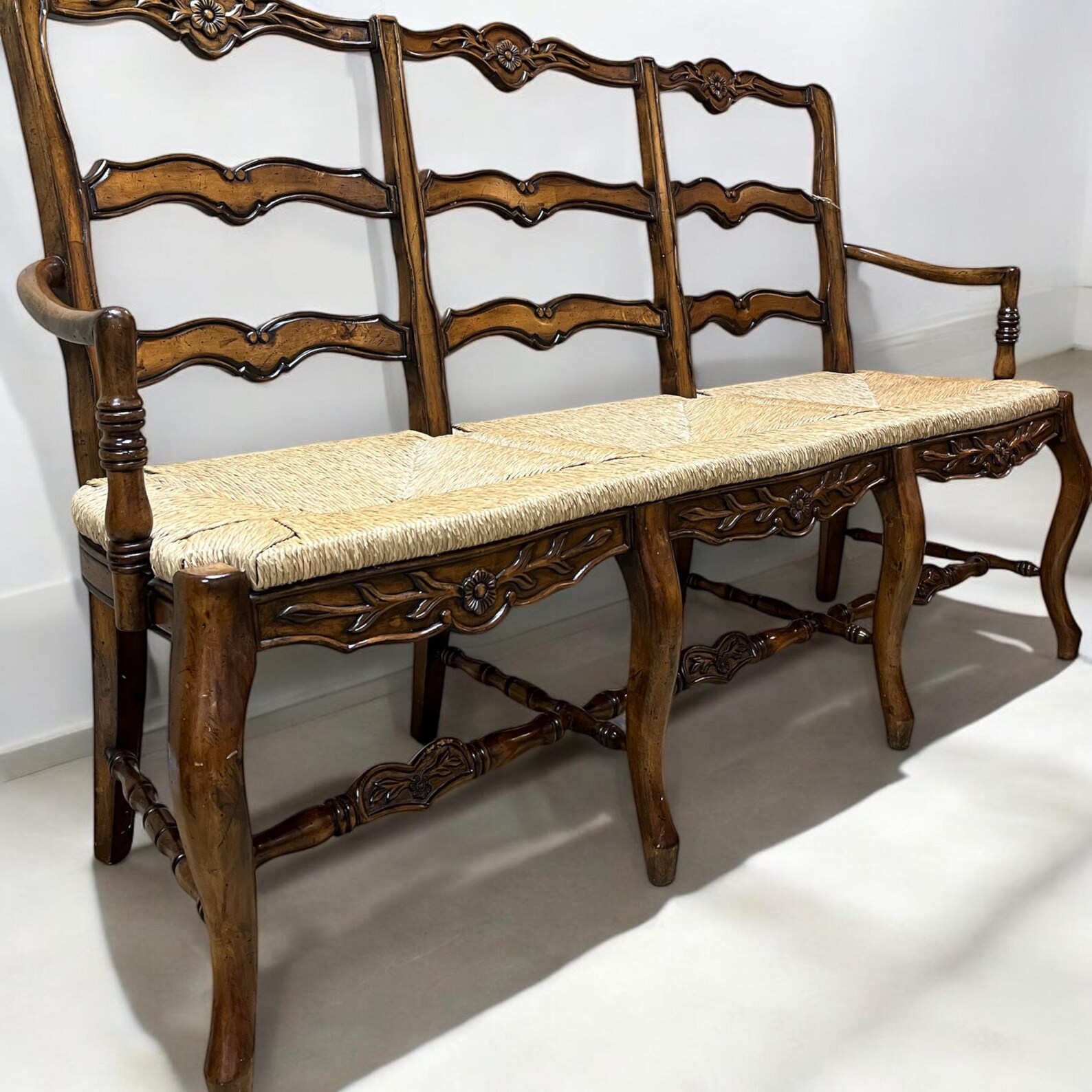 French County Bench, 3 Woven Rush Seats. Vintage Antique French ...