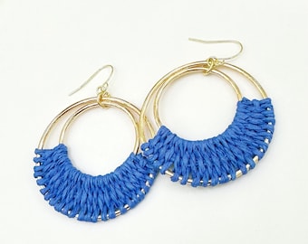 Beachy Blue Straw Wrapped Gold Hoop Earrings, Summer Hoop Earrings ...