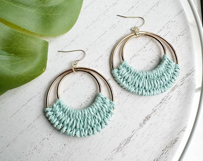 Beachy Blue Straw Wrapped Gold Hoop Earrings, Summer Hoop Earrings ...