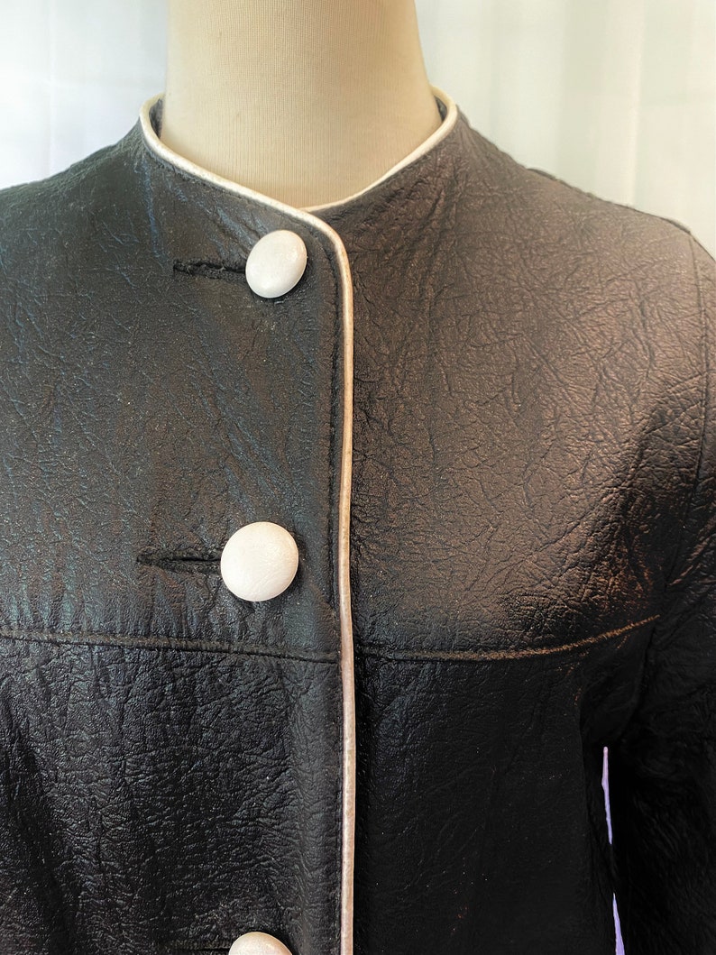 Vintage Mod Vinyl Trench Coat 1960s 1970s Black Faux Leather and Ivory ...