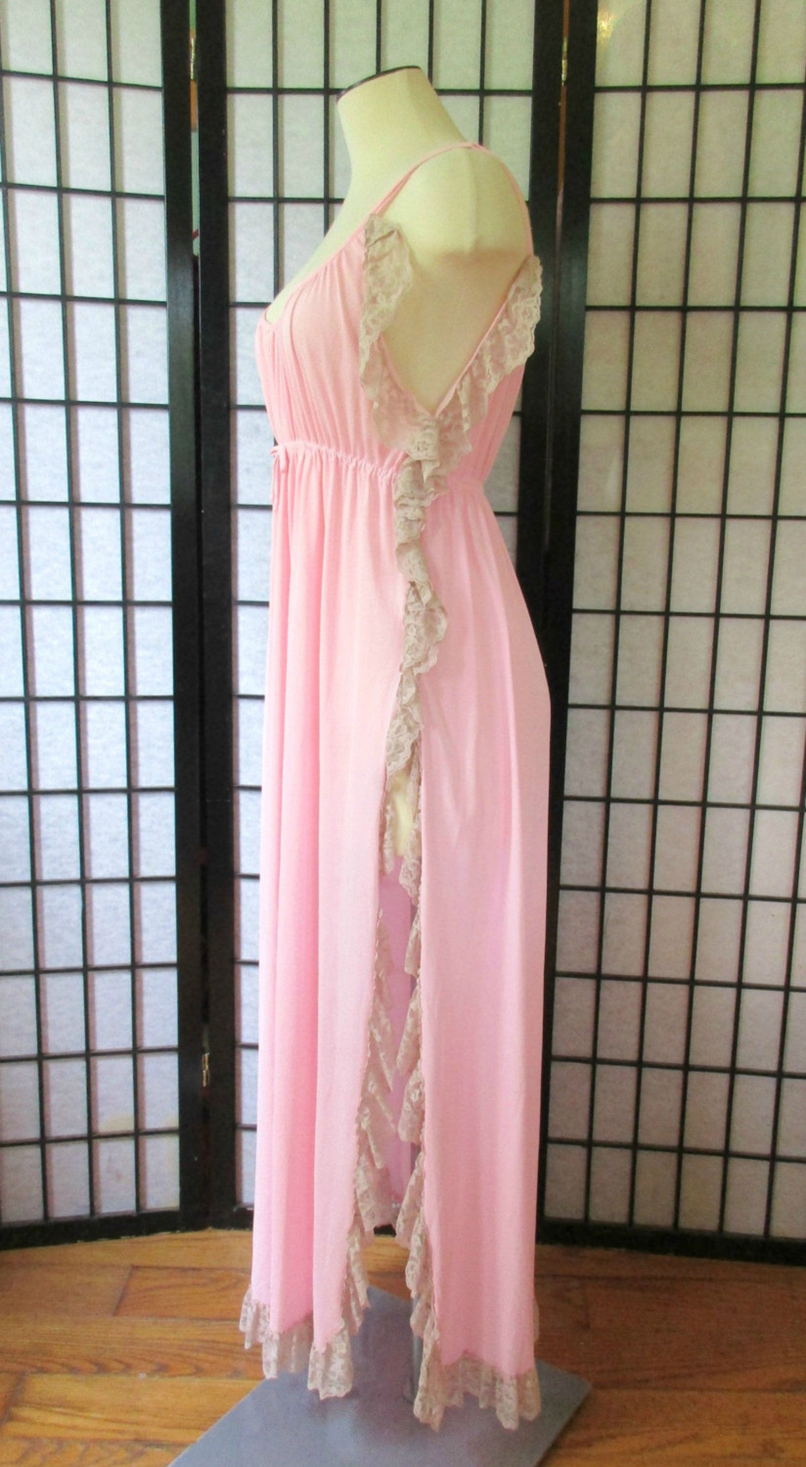Vintage Negligee Pink With Beige Lace Feminine Nightgown Empire Waist ...