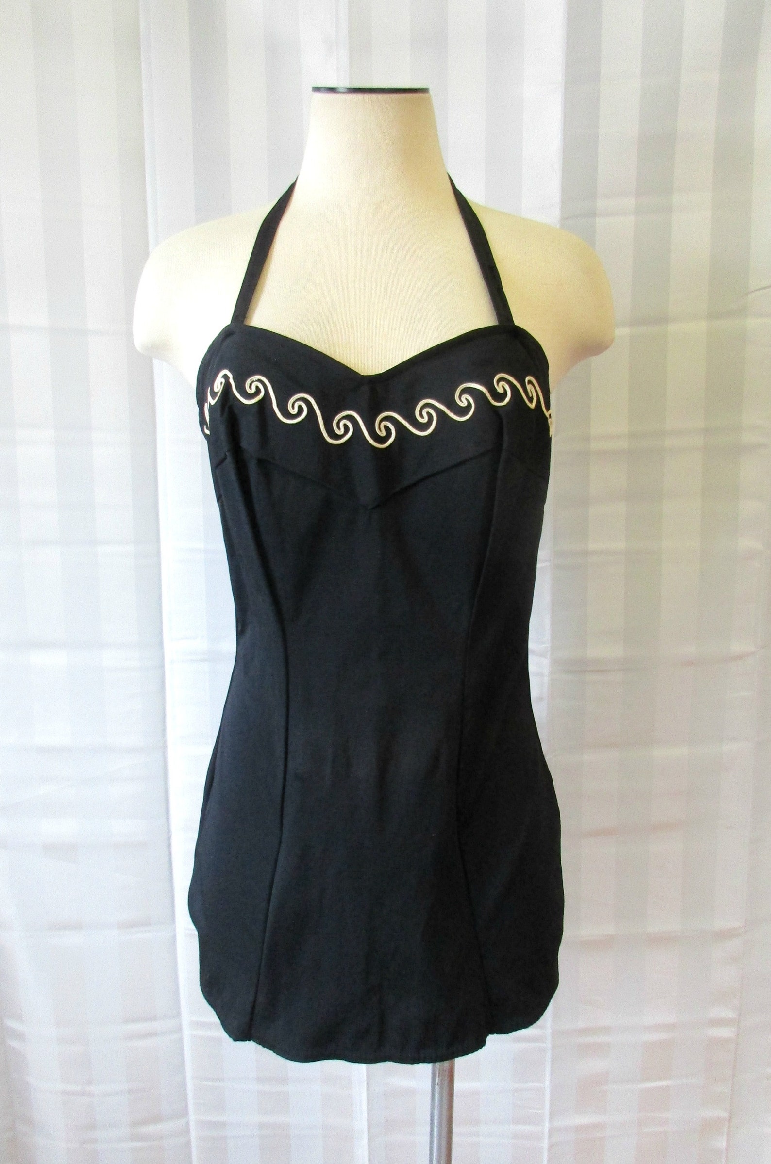 Vintage 1940s Bathing Suit Navy Blue White Soutache Wave - Etsy