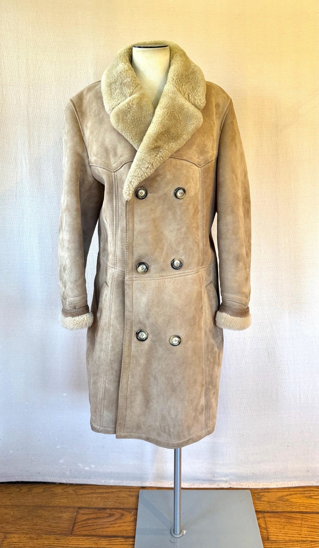 Vintage 1970s 1980s Suede Shearling Coat Double Breasted Overcoat 42 40 ...