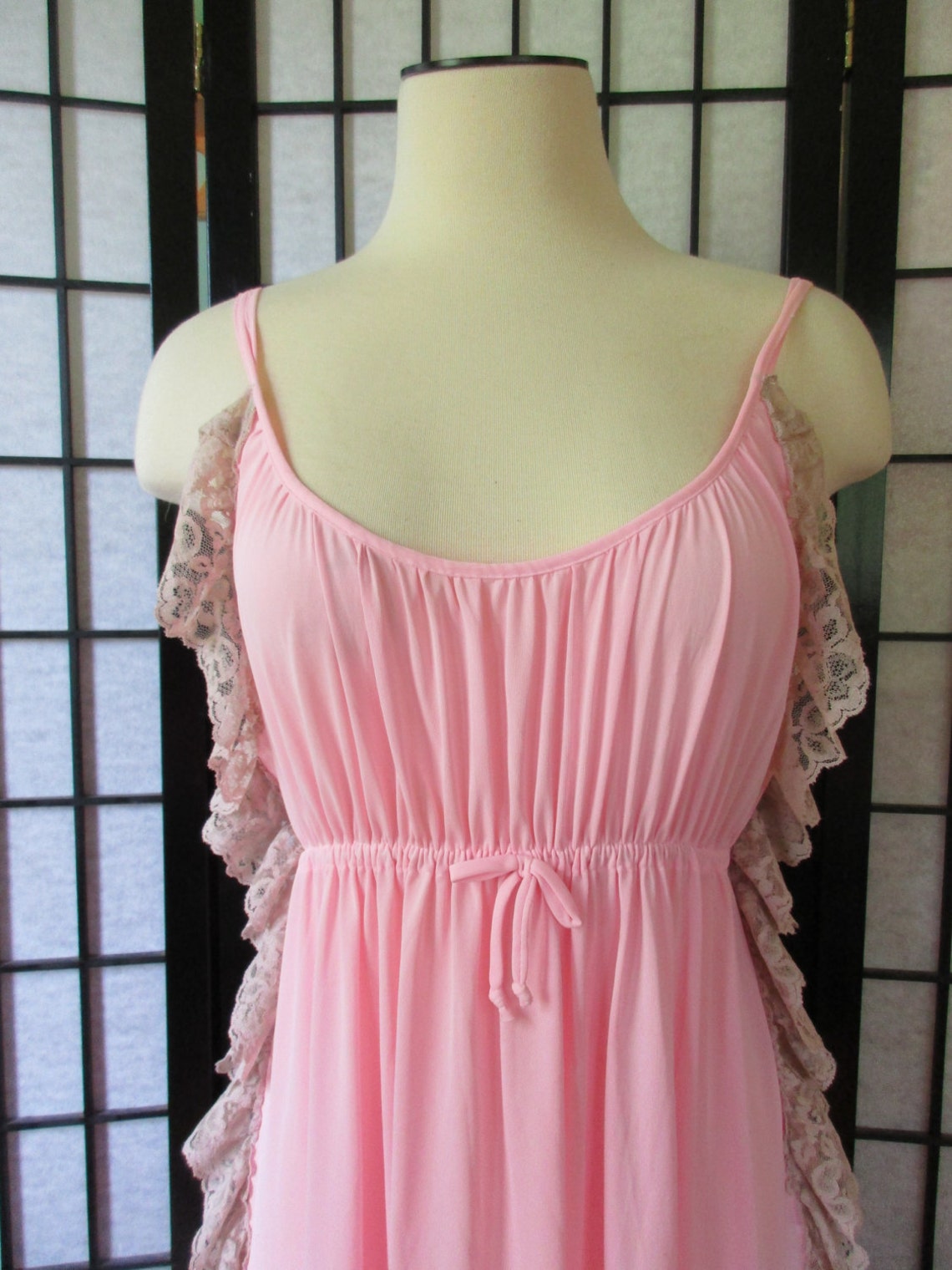 Vintage Negligee Pink With Beige Lace Feminine Nightgown Empire Waist ...