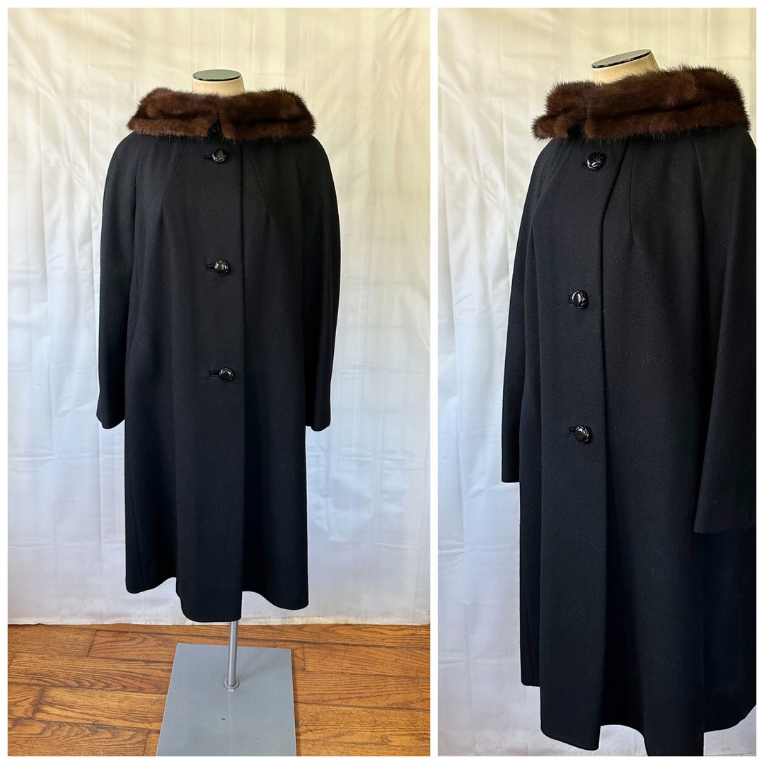 Vintage Black Wool Coat Dead Stock With Mink Fur Collar Swing Coat ...