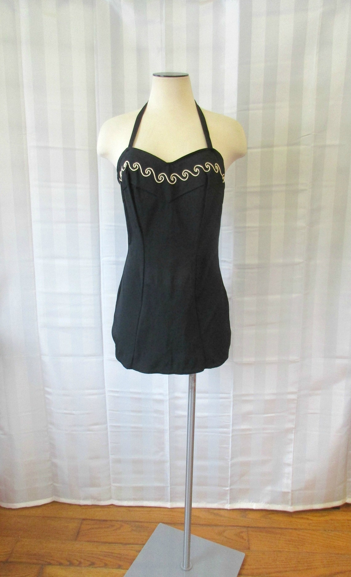 Vintage 1940s Bathing Suit Navy Blue White Soutache Wave Pattern 35 36 ...