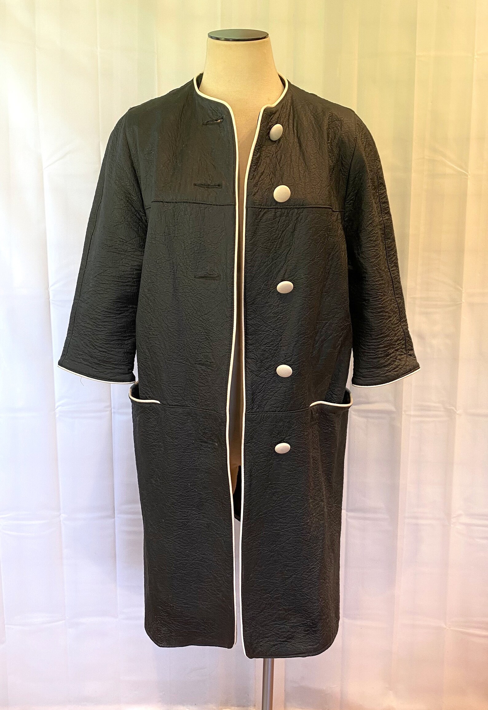 Vintage Mod Vinyl Trench Coat 1960s 1970s Black Faux Leather and Ivory ...