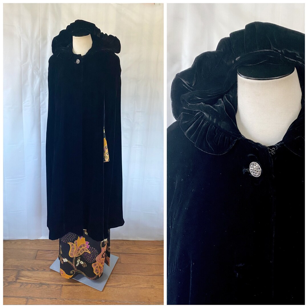 Vintage 1940s Opera Cape Black Velvet With Hood Maxi Midi Coat 42 Bust ...