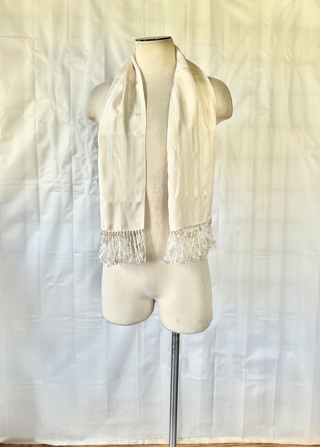Vintage Silk Scarf Long Fringed Cravat 1940s Ivory White Ascot Art Deco ...