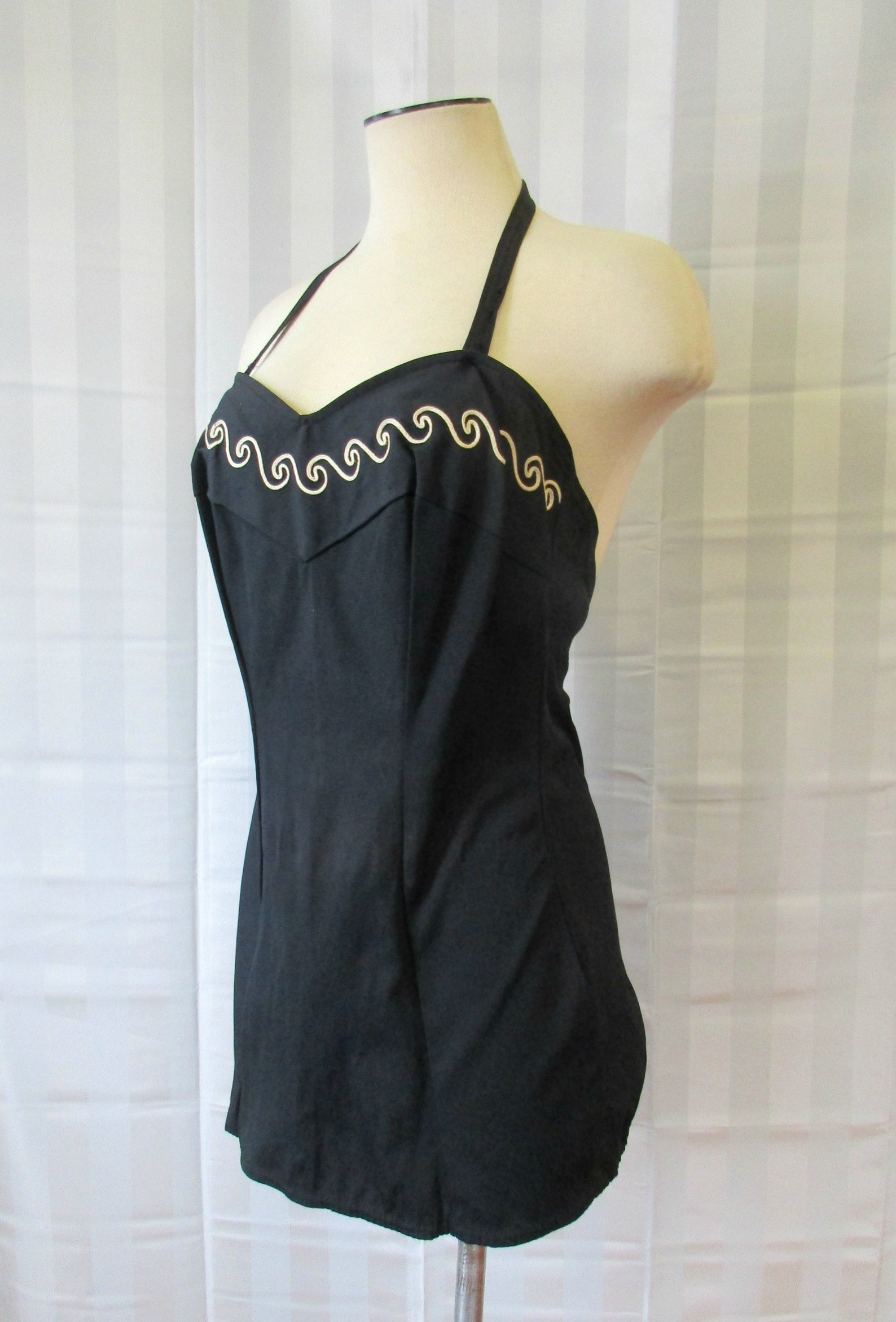 Vintage 1940s Bathing Suit Navy Blue White Soutache Wave - Etsy