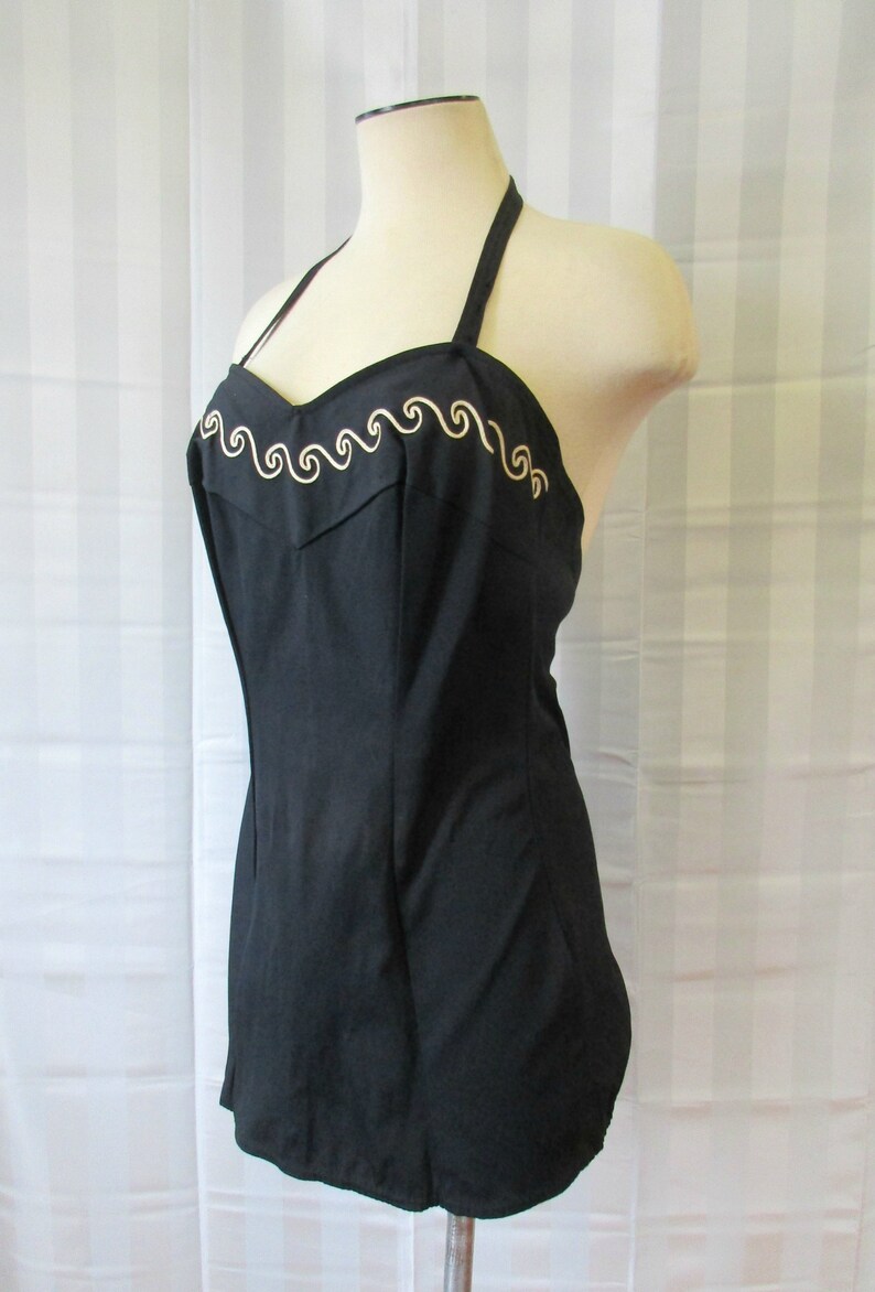 Vintage 1940s Bathing Suit Navy Blue White Soutache Wave Pattern 35 36 ...
