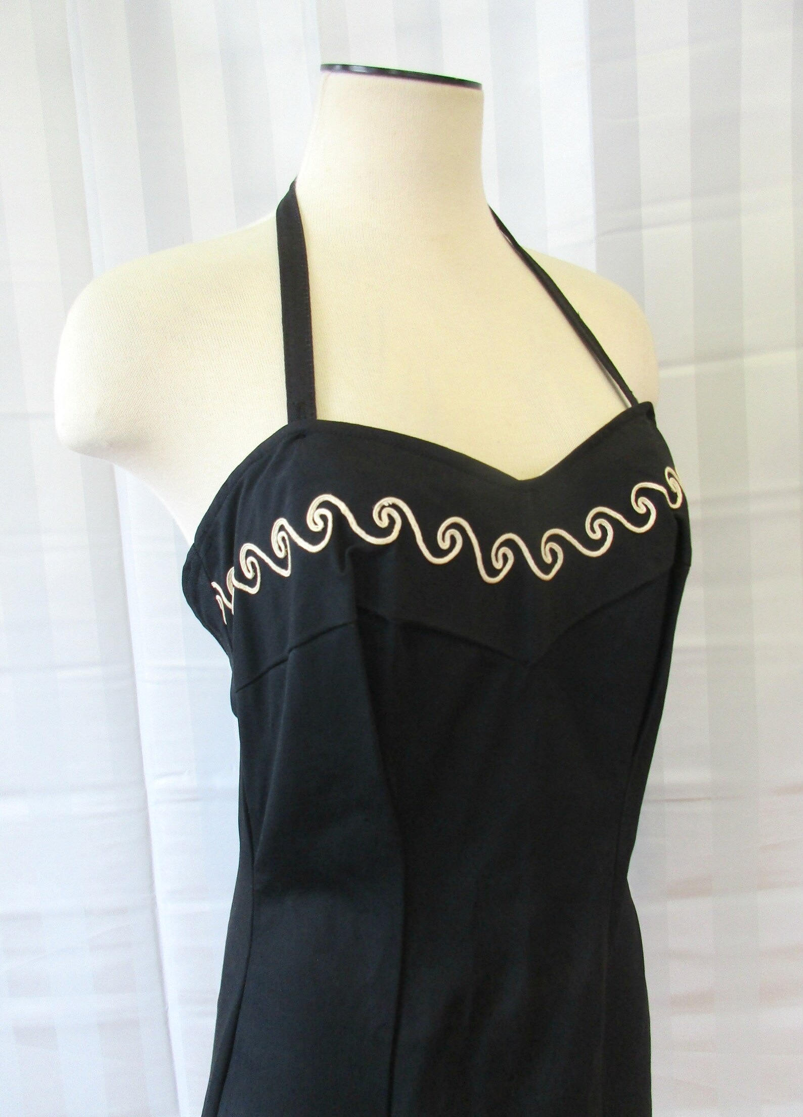 Vintage 1940s Bathing Suit Navy Blue White Soutache Wave - Etsy