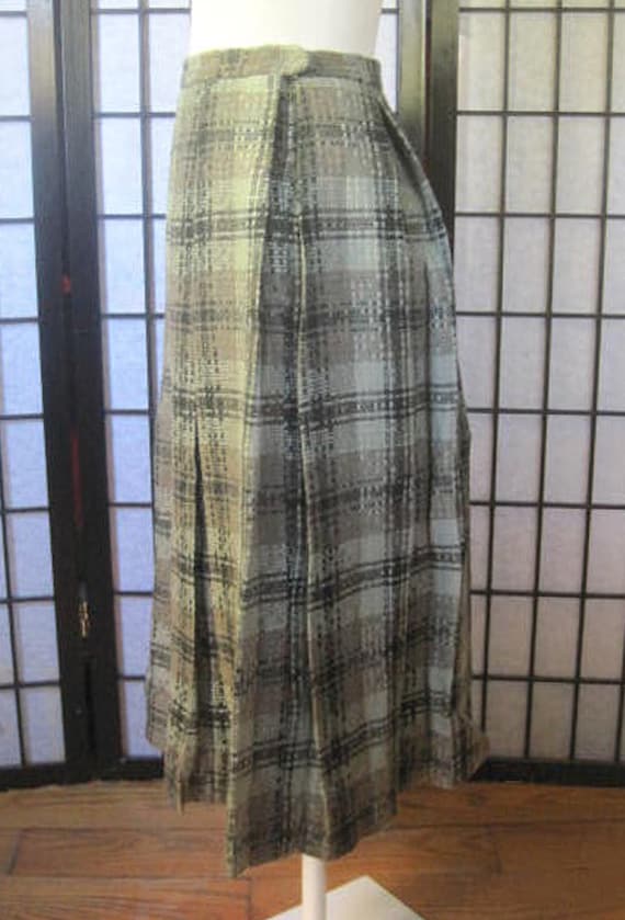 Vintage 1950s 1960s Skirt Plaid Wool Tweed Olive Gree… - Gem